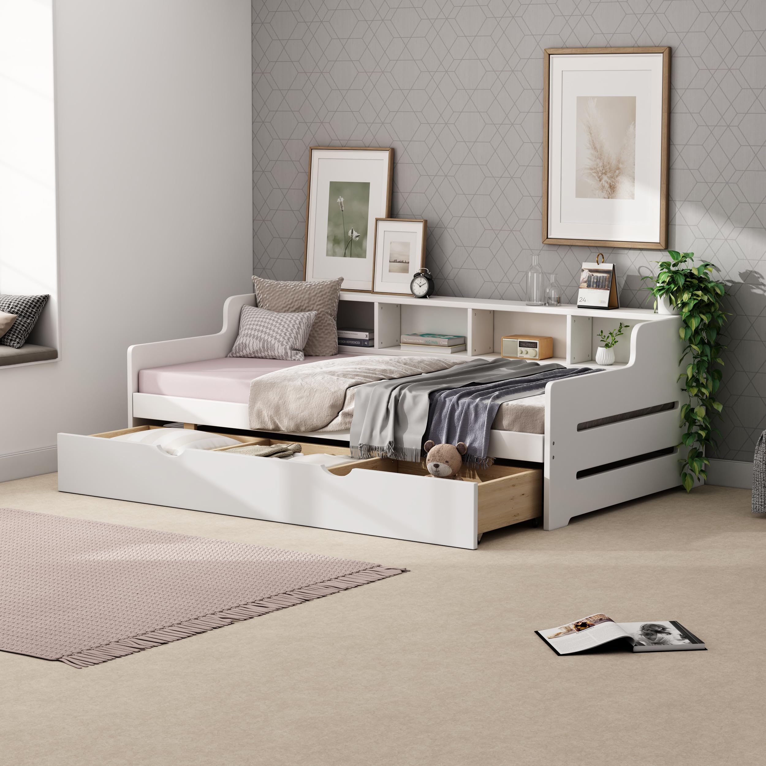 Harper & Bright Designs Twin Daybed Bed with Bookcase and 3 Drawers, Wooden Twin Size Captain Daybed with Storage,Space Saving Twin Bed Frame for Girls Boys,White