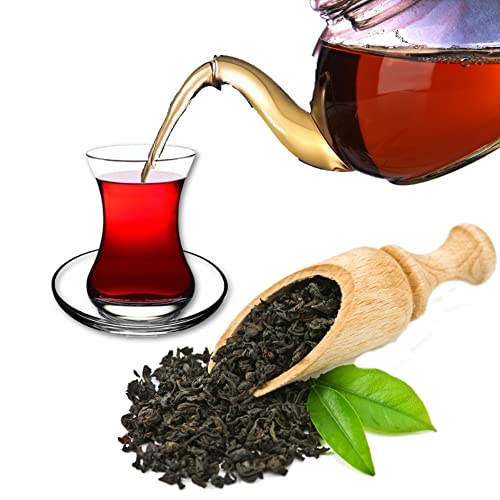 UMS Turkish Tea Glass Set - Slim Waist Design and Thick Sole Prevent Tea From Getting Cold, Easy to Keep for 6 People, 6 Saucers, 6 Glasses, Useful Tea Set (12 Pieces)