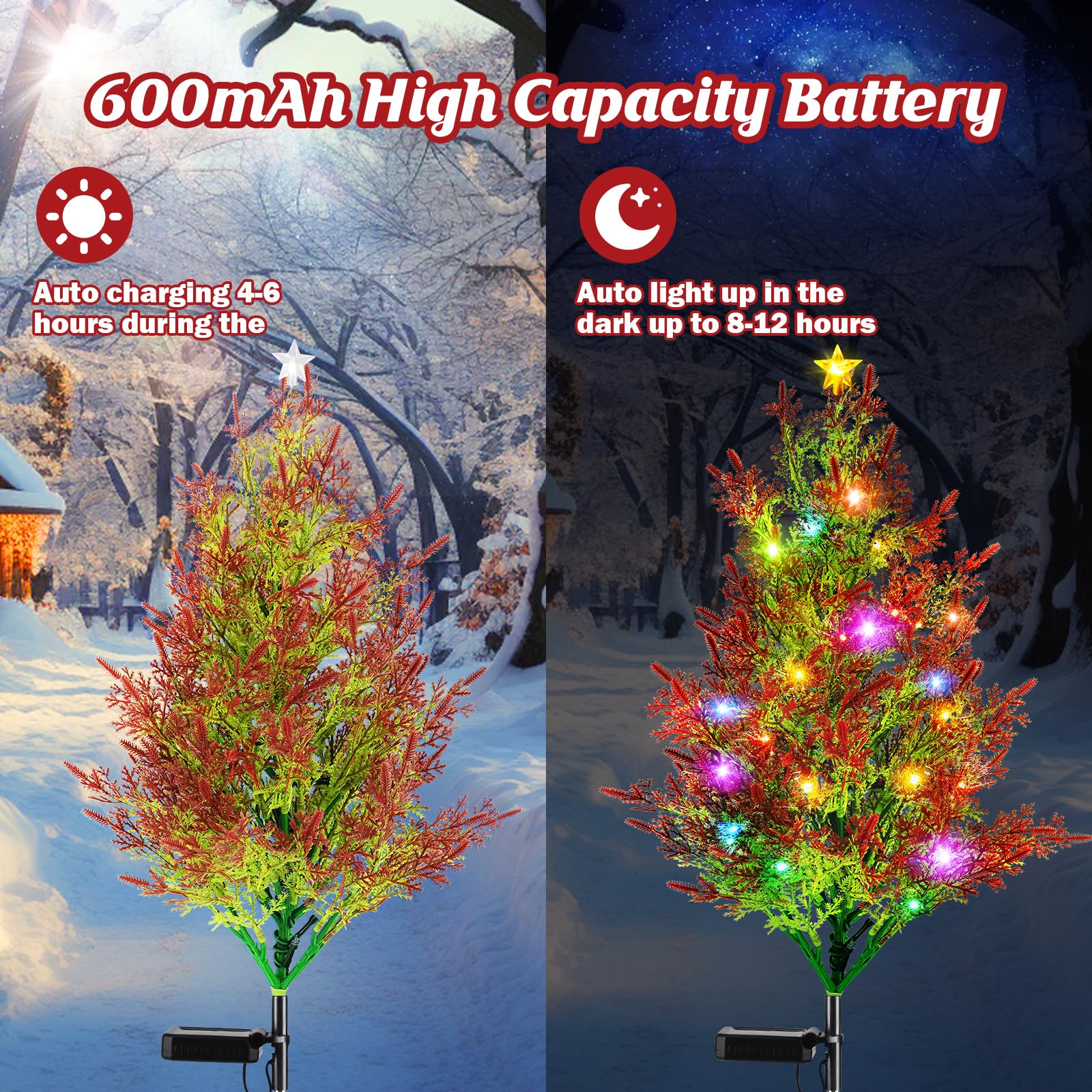 Christmas Decorations Outdoor Solar Lights: 4 Pack Upgraded 10 LED Solar Christmas Tree Lights, 2 Lighting Modes Outside Waterproof Solar Christmas Stake Lights for Yard Garden Pathway Lawn Xmas Decor