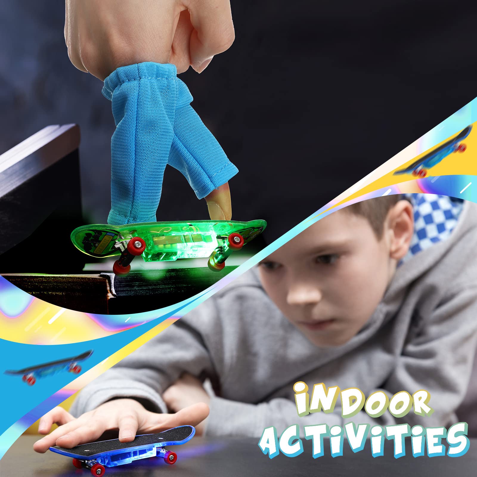 Civaner 20 Pack Fingerboard Kit DIY Mini Finger Skateboards Finger Skateboards for Kids Mini Finger Toys with 6 Pcs Installation Tools Brackets and Fingerboard Wheels for Skate Lovers (LED Style)