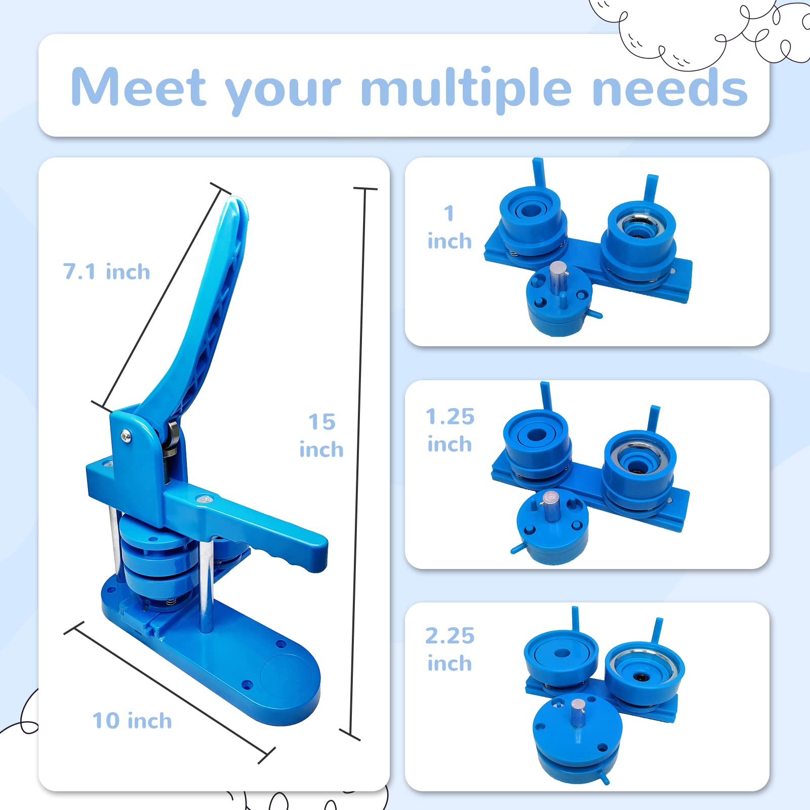 Button Maker Machine Multiple Sizes 1+1.25+2.25 inch DIY Button Badge Maker Machine Pin Button Press Maker with 300pcs Button Parts&Circle Cutter&Magic Book (Blue)