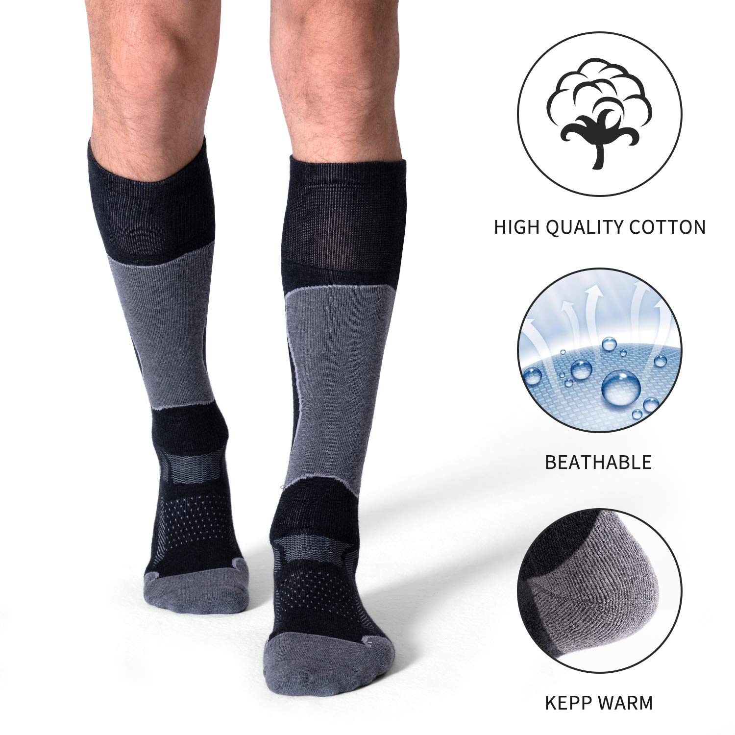 CS CELERSPORT 2 Pack Ski Socks for Men and Women Skiing, Snowboarding, Cold Weather, Winter Performance Socks, Black+Grey, Medium