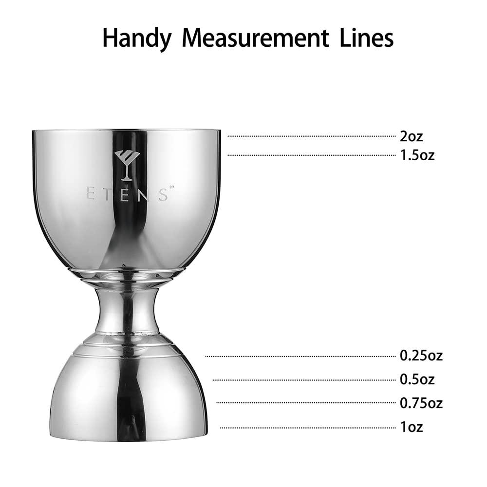 Etens Glass Cocktail Shaker and Bell Jigger Bundle, 14oz Clear Martini Shaker with Recipe / 1oz 2oz Measure Double Jigger