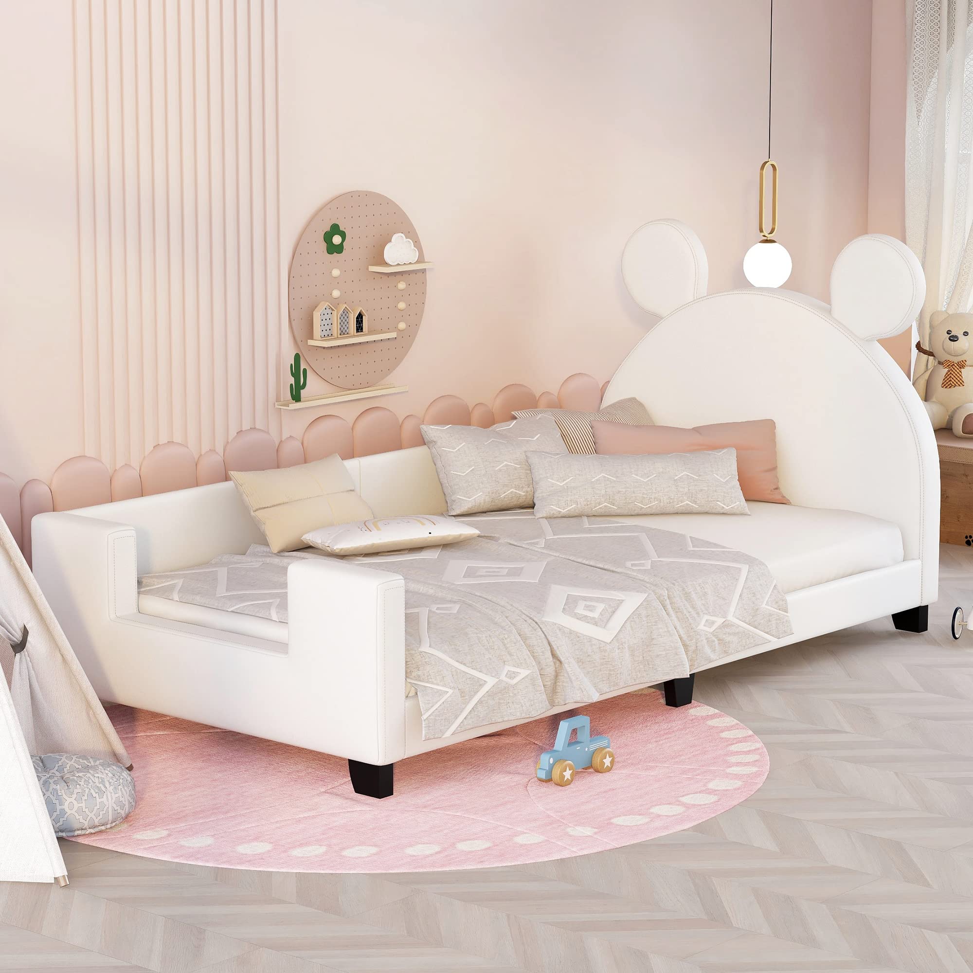 Harper & Bright Designs Twin Size Upholstered Daybed with Carton Ears Shaped Headboard for Kids Boys Girls, White