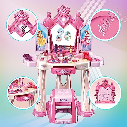 Pretend Play Girls Makeup Table Set with Stool,Open Doors by Gestures,Kids Vanity Set with Lights and Music,Toddler Beauty Salon Set with Makeup Accessories & Hair Dryer Toy for Toddlers 3-5 Years Old