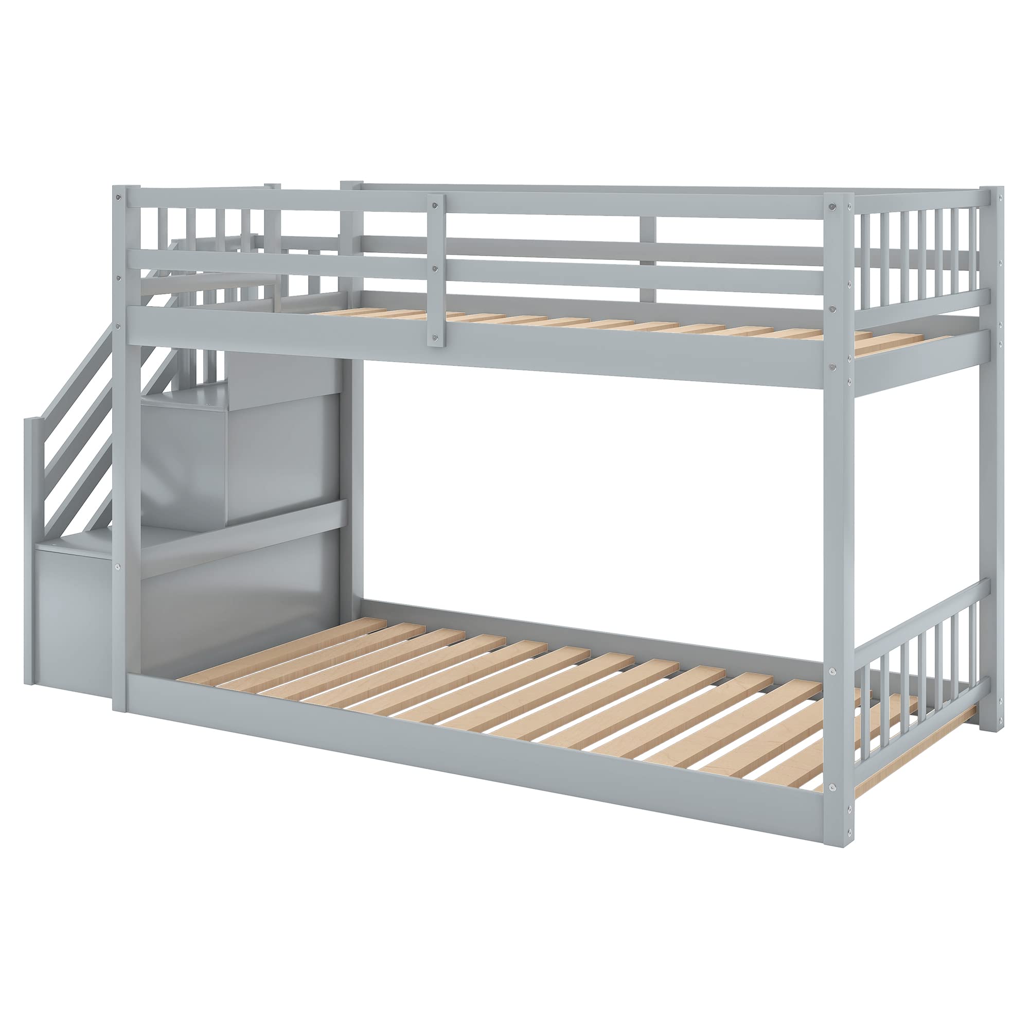 Harper & Bright Designs Low Bunk Beds for Kids, Wood Twin Over Twin Bunk Bed with Stairs,Floor Bunk Beds with Storage Shelf for Girls Boys,Grey