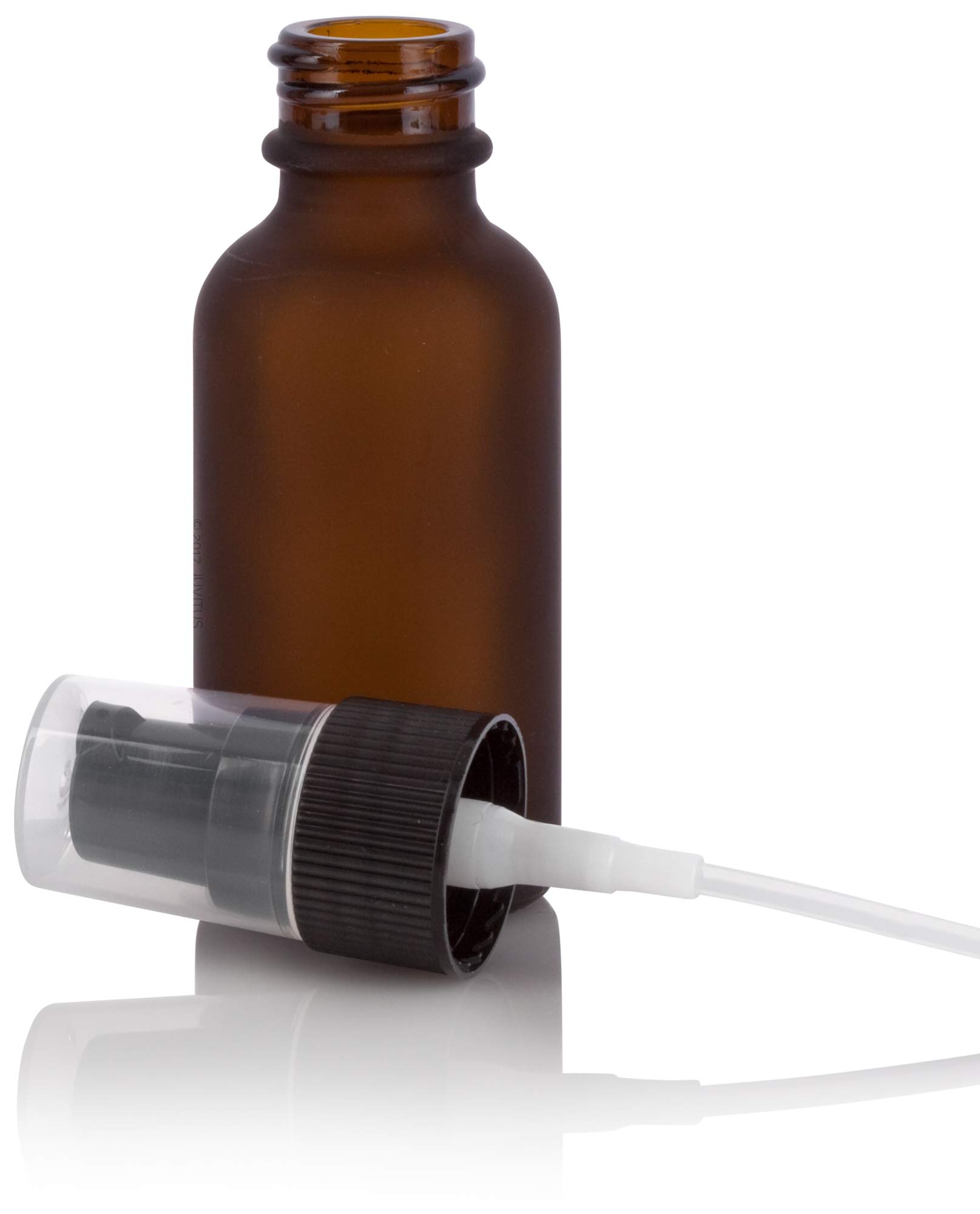 JUVITUS 1 oz / 30 ml Frosted Amber Glass Boston Round Bottle with Black Treatment Pump (12 pack) + Funnel