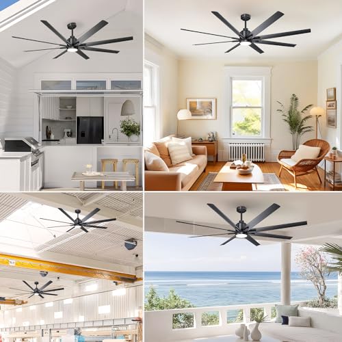 CJOY 72 inch Large Ceiling Fans with Lights and Remote, Black Modern Ceiling Fan for Patio 8 Blades, 6-Speed, Reversible DC Motor, Dimmable LED, Ceiling Fan with 12" & 24" Downrod, Indoor/Outdoor