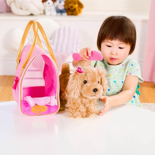 Pucci Pups – Cocker Spaniel Stuffed Puppy with Pink and Gold Dotted Stuffed Animal Bag