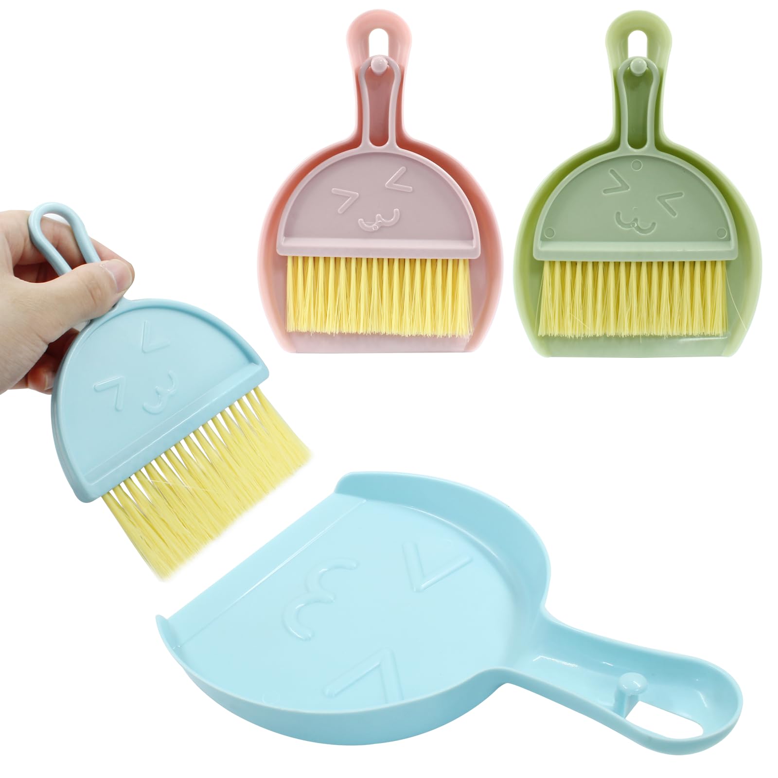 Hitefu Mini Dust Pans with Brush Set, Small Broom and Hand Dustpan Set for Home Cleaning, Dust Pans and Broom Combo Set Hangable Whisk Broom for Table Countertop Sofa KeyBoard and Pets(3 Colors)