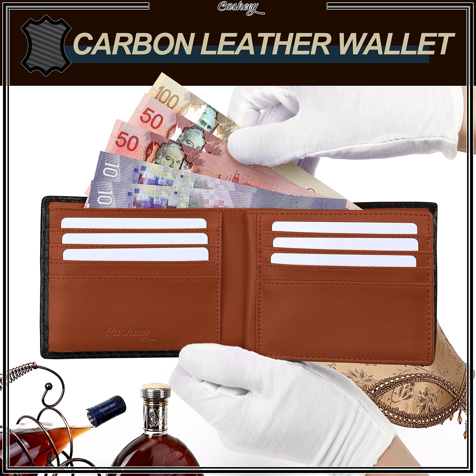 Casheey Men's Wallet with Coin Pocket, Foldable Box Design, Holds 14-16 Cards, Carbon Fiber Leather, RFID Protection, Large Capacity Bifold Wallet for Men, Exquisite Packaging
