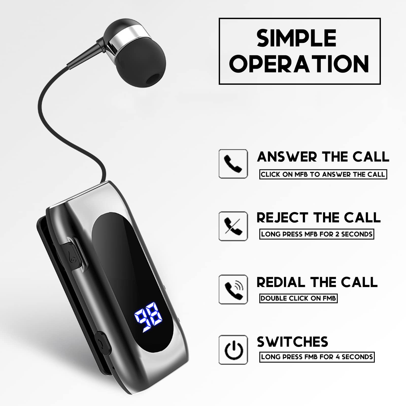 ESSONIO Earbud & in-Ear Headphones Bluetooth Headset Retractable Wireless Headset Headphone Wireless earpiece Cell Phone Wired Earbud for Trucker for Business Meeting Headphones Clip on Earbud