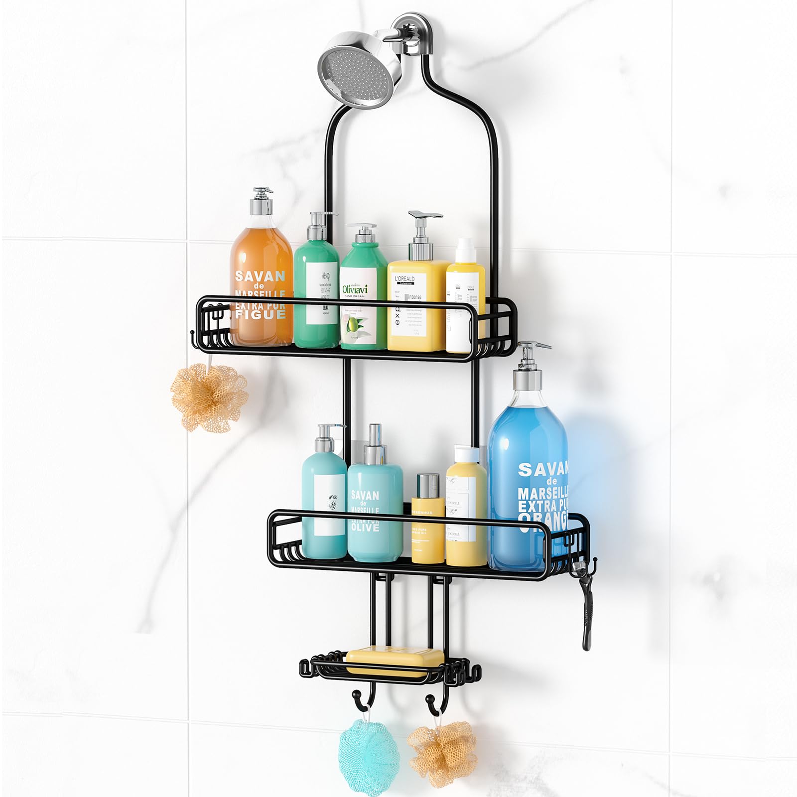 HAMITOR Hanging Shower Caddy Over Head : Adjustable Large Shower Organizer with Soap Holder - Rustproof Bathroom Shelf Shampoo Storage Rack - 4 Movable Hooks for Razor Loofah Black
