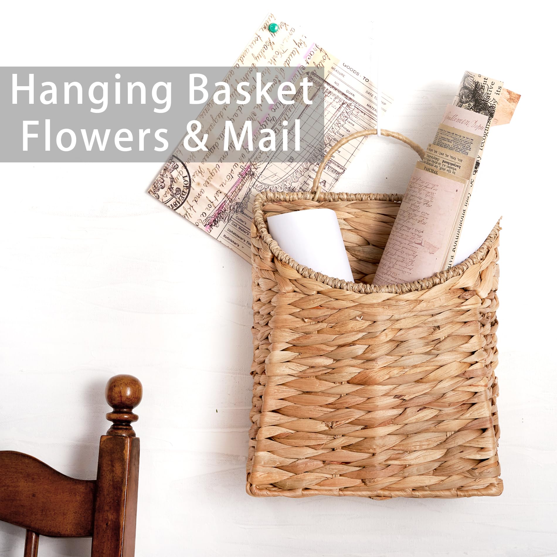 Hanging Basket, Woven Hyacinth,100% Handmade Wall Mount Storage Organize, Hangable Front Door Baskets for Flowers& Mail, Wicker Handmade Open Weave for organizing, Natural/Tan
