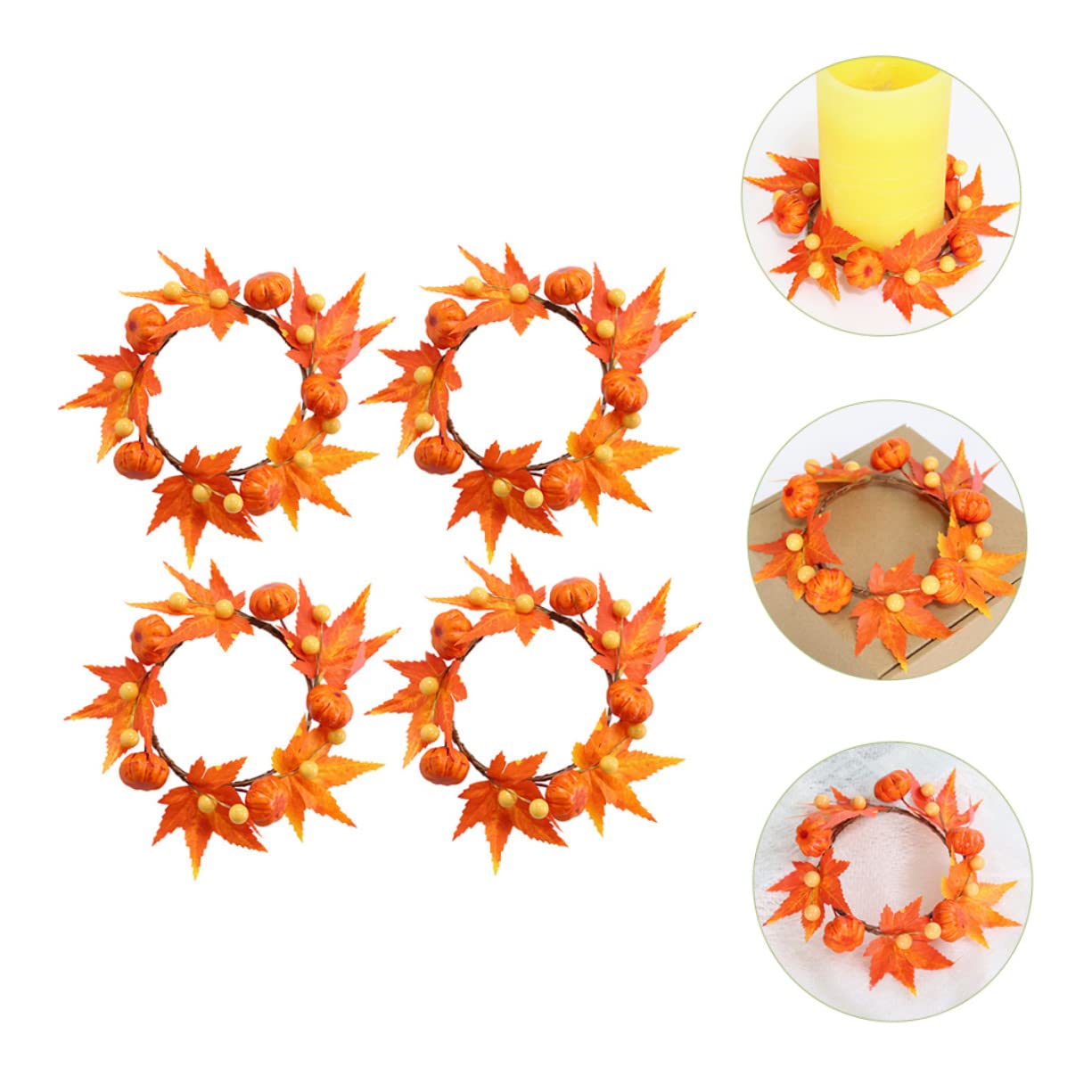 FONDOTIN 4pcs Maple Leaf Candle Ring Candle Garland Halloween Candles Fall Candle Rings for Pillars Thanksgiving Table Decor Thanksgiving Garland for Table Wreath Silk Maple Leaf Christmas