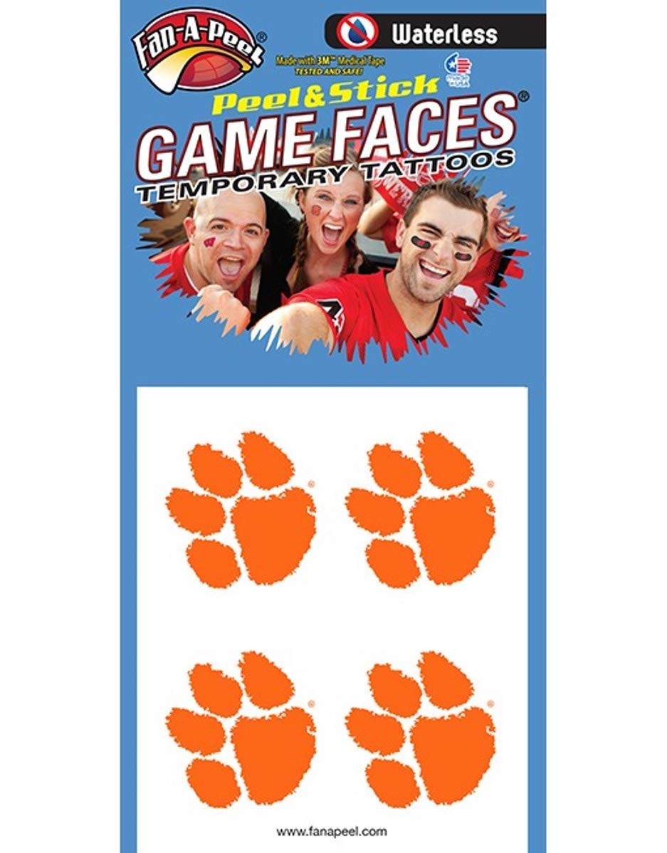 Clemson University Tigers – Waterless Peel & Stick Temporary Spirit Tattoos – 4-Piece – Orange Tiger Paw Print Logo