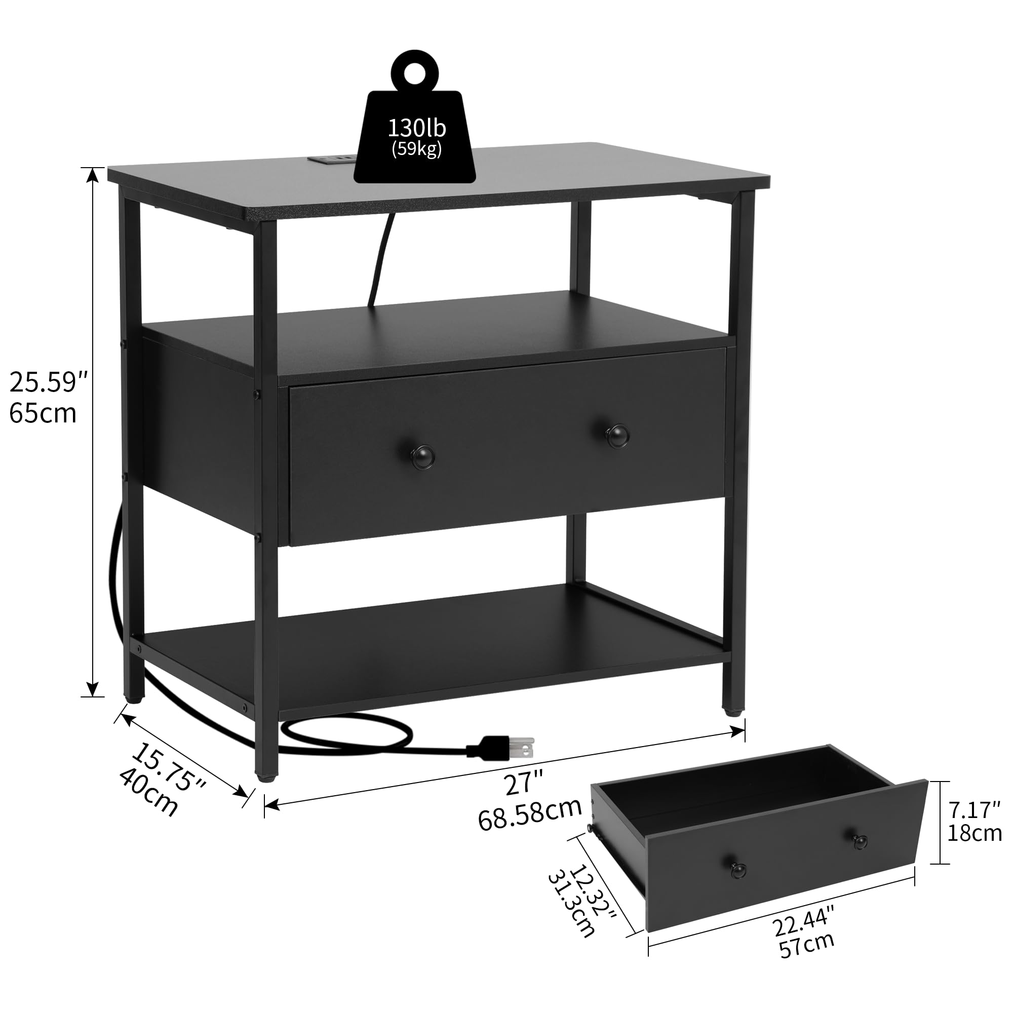 Edbuosy 27 inch Nightstand Side Table with 1 Layer of Wooden Drawers,Nightstand with Charging Station,End Table Bedside Table with USB Ports and Outlets (Black)