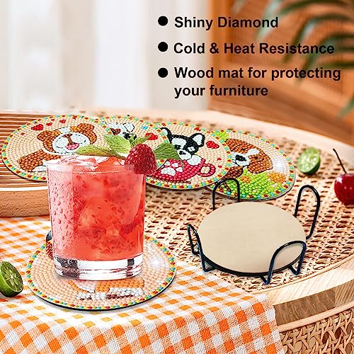 SUUYOO 8 Pcs Diamond Painting Coasters with Holder, Cute Dog Diamond Art Coasters, DIY Craft Kits for Adults, Small Diamond Art Coasters Kit for Kids Beginners