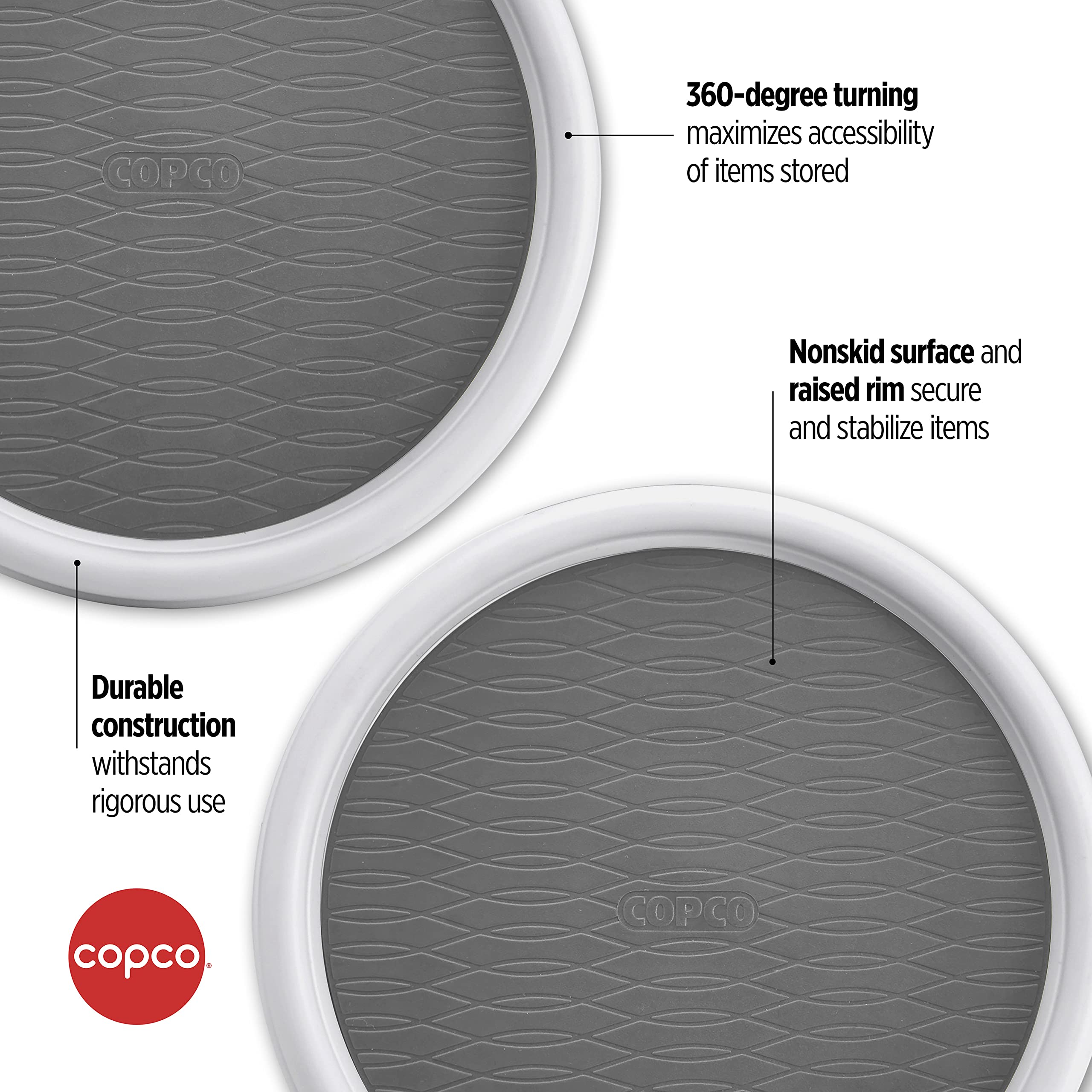 Copco Non-Skid Pantry Cabinet Lazy Susan Turntables, 9-Inch, White/Gray (Set of 2)