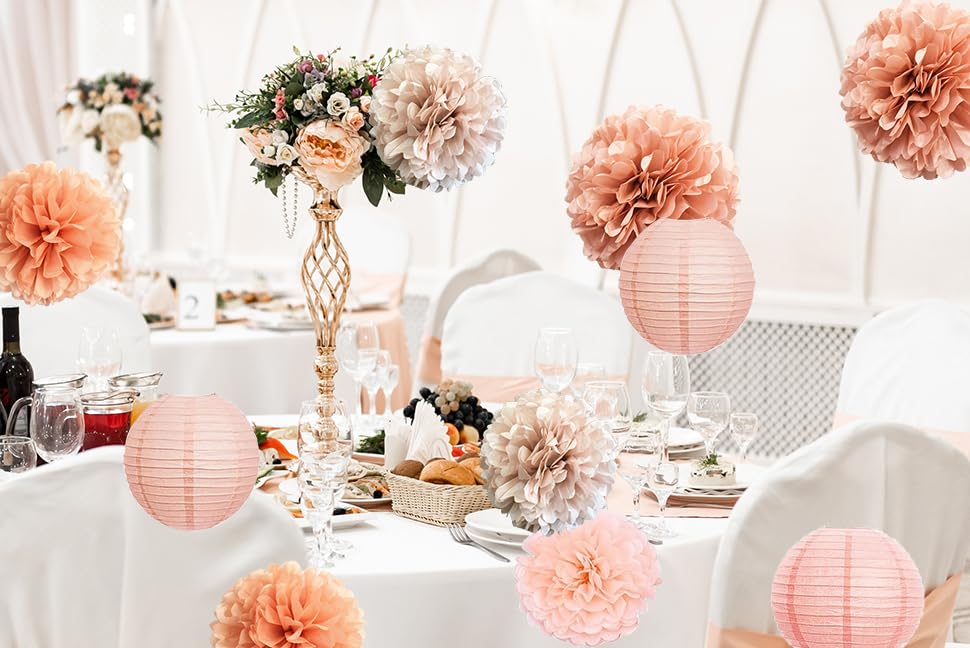 Hanging Party Decorations - Tissue Paper pom poms and Lanterns Backdrop Decor for Engagement Wedding Birthday Bridal Shower Bachelorette (Rose Gold)