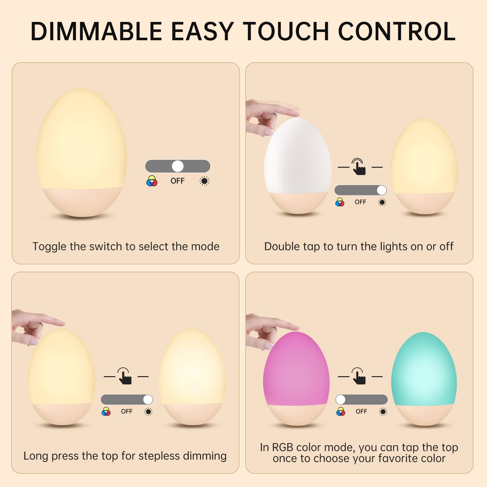 Ohey Night Lights for Kids Room, 7 Color Changing Tumbler Egg Baby Night Light with Top-Touch Control, Rechargeable & Dimmable ABS+Silicone Nursery Night Lights, Up to 100H