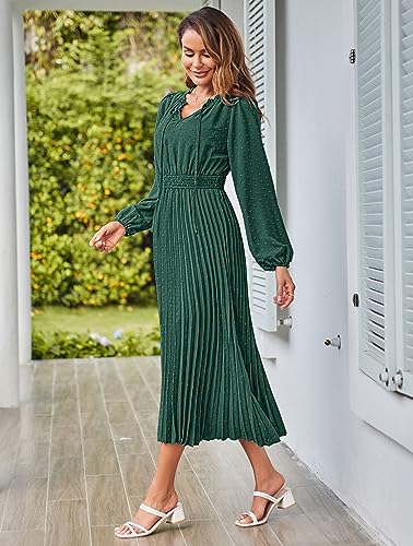 MEROKEETY Womens Elegant Long Lantern Sleeve V Neck Swiss Dot Ruffle Flowy Wedding Guest Dress,DarkGreen,M