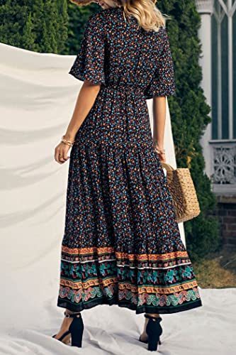 PRETTYGARDEN Women's Casual Summer Boho Floral Print Dress V Neck Short Sleeve High Waist Long Maxi Beach Dresses (Black Floral,Medium)
