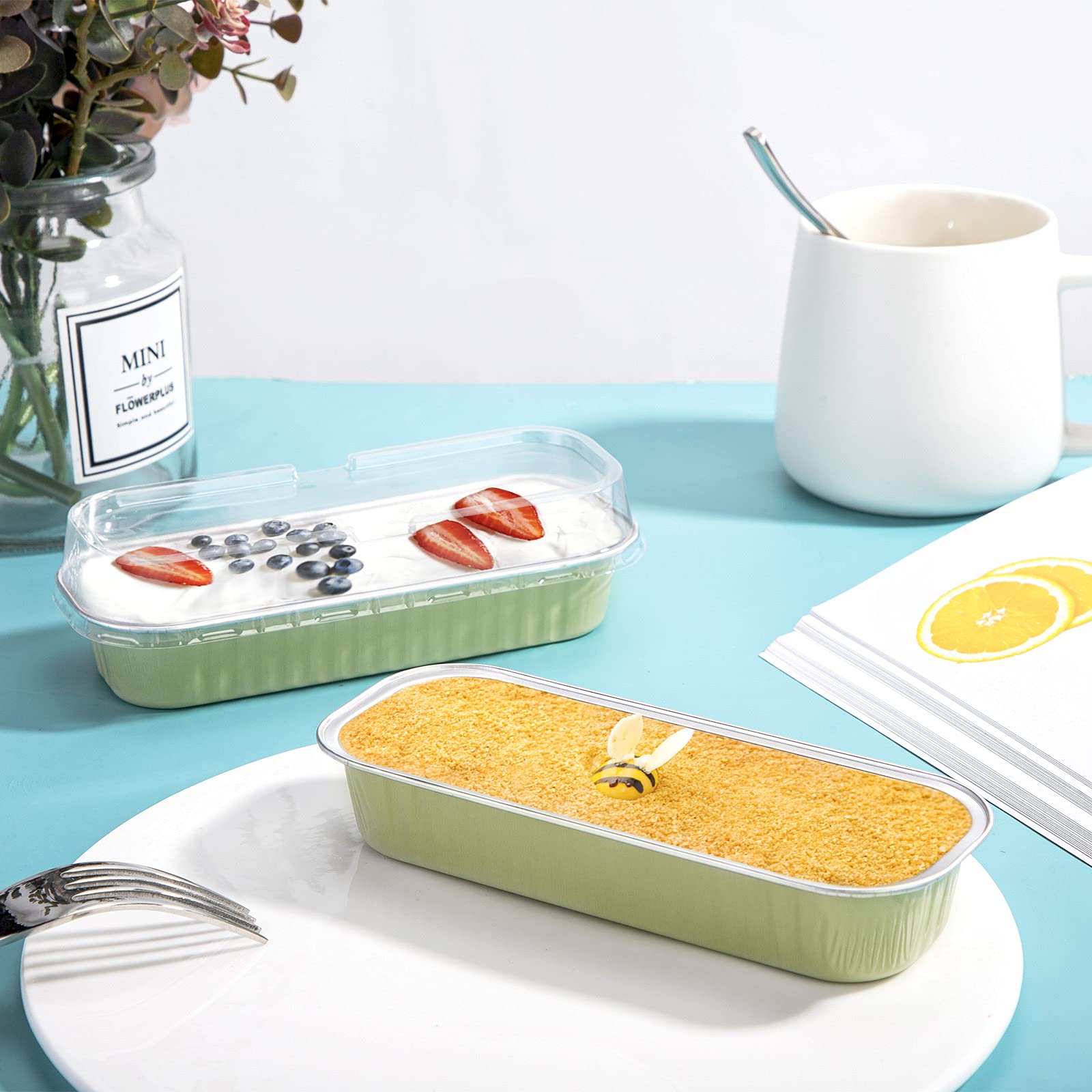 EUSOAR Foil Ramekins with Lids, 50pcs 6.8oz 6.5"x2.5"x1.2" Disposable Aluminum Baking Cups Pan with Lids, Rectangle Cupcake Containers Wrappers,Dessert Cheesecake Creme Brulee Pan