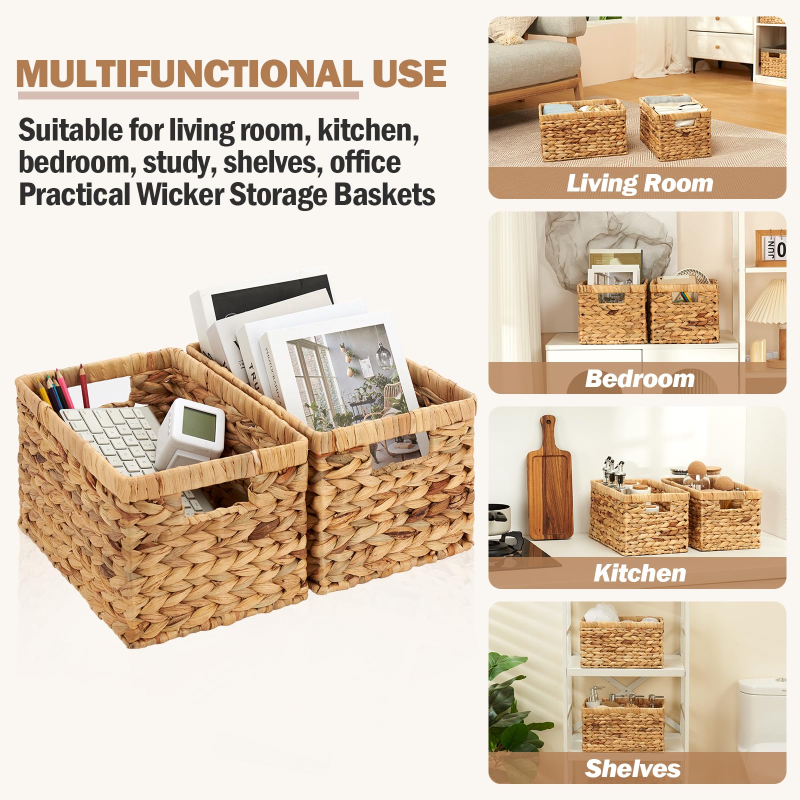 Edergoo Wicker Storage Basket, Water Hyacinth Storage Baskets with Built-in Handles, Large Wicker Baskets for Storage, 2 Pack Wicker Baskets for Organizing, Natural