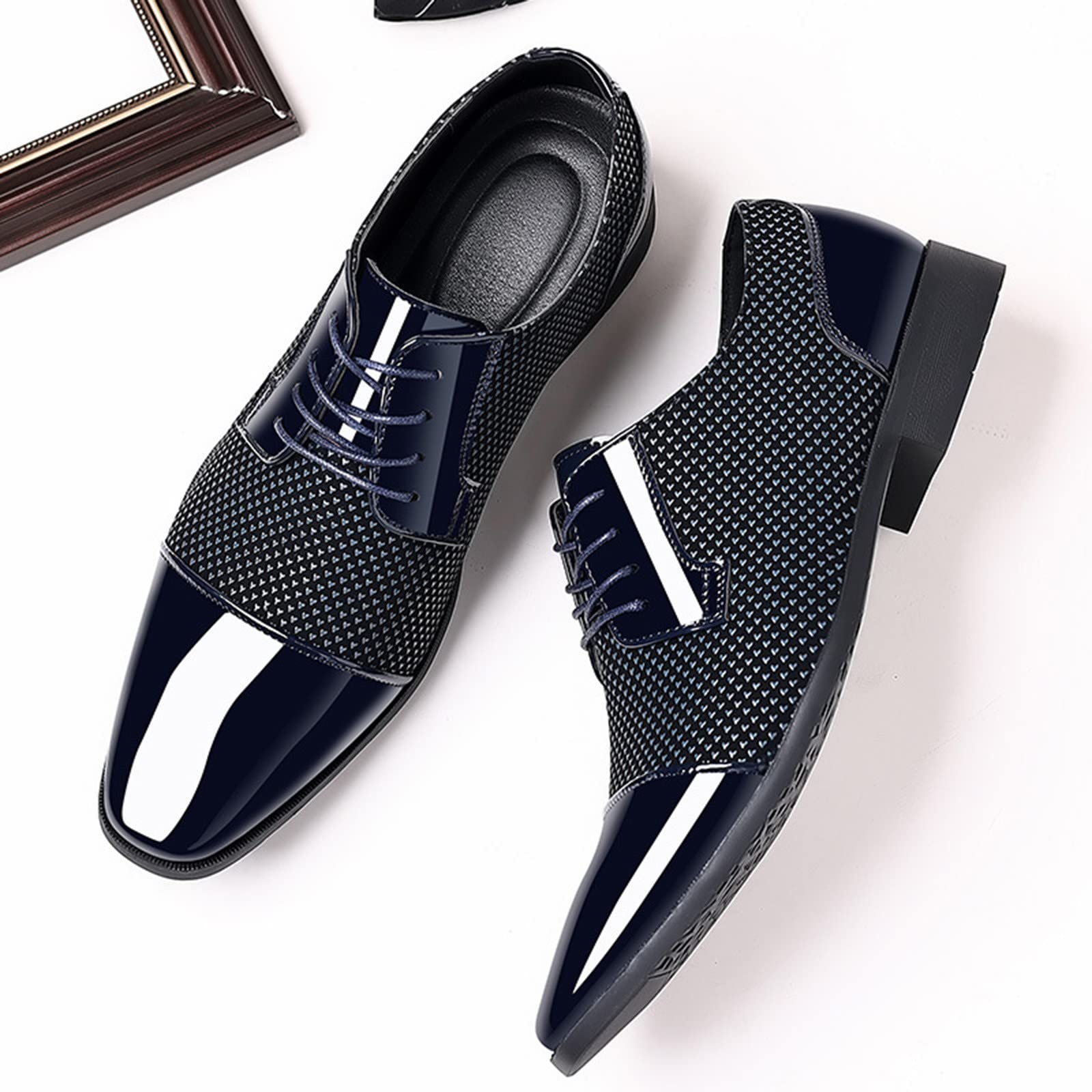 Classical Style Leather Shoes for Men Slip On PU Leather Low Rubber Sole Block Heel Work Mens Work Casual Shoes Dark Blue