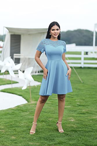 Kate Kasin Women's Retro Crewneck Lace Splicing A Line Cocktail Dress Formal Wedding Guest Party Sexy Prom Dresses Short Light Blue S