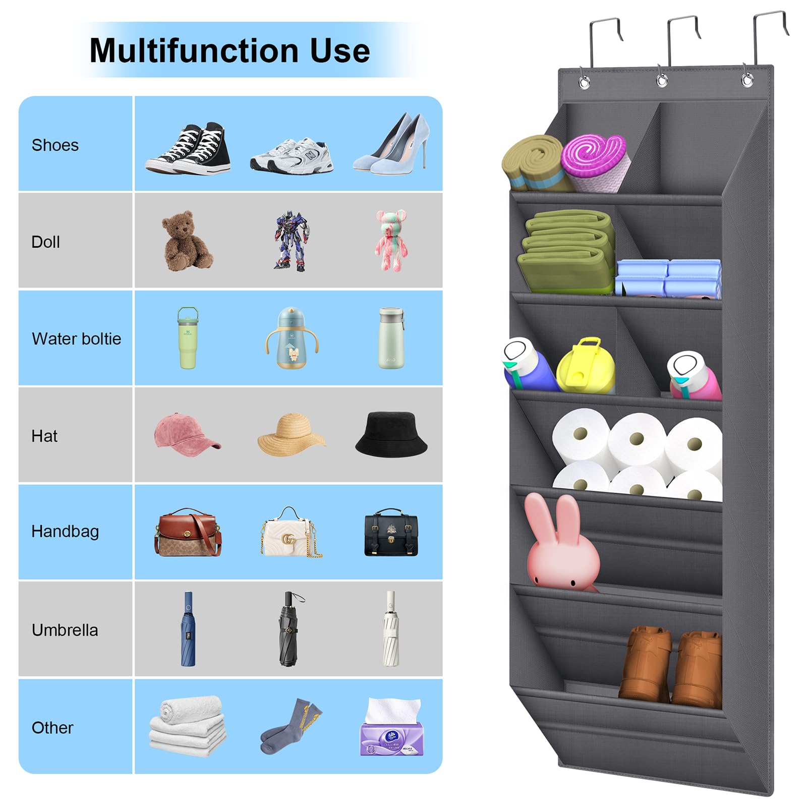 BZVlemon Hanging Shoe Organizer for Closet with 9 Deep Pockets, Over the Door Shoe Rack, Shoe Holder for Narrow Door Dorm RV Shoe Storage, Grey