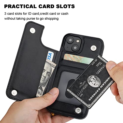 ONETOP Compatible with iPhone 14 Wallet Case with Card Holder, PU Leather Kickstand Card Slots Case, Double Magnetic Clasp and Durable Shockproof Cover 6.1 Inch (Black)