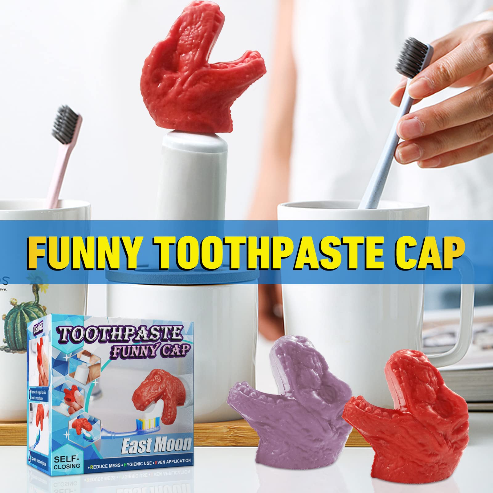 Dinosaur T-Rex Toothpaste Cap and Toothpaste Squeezer Dispenser, Funny Toothpaste Topper for Kids, Rolling Tube White