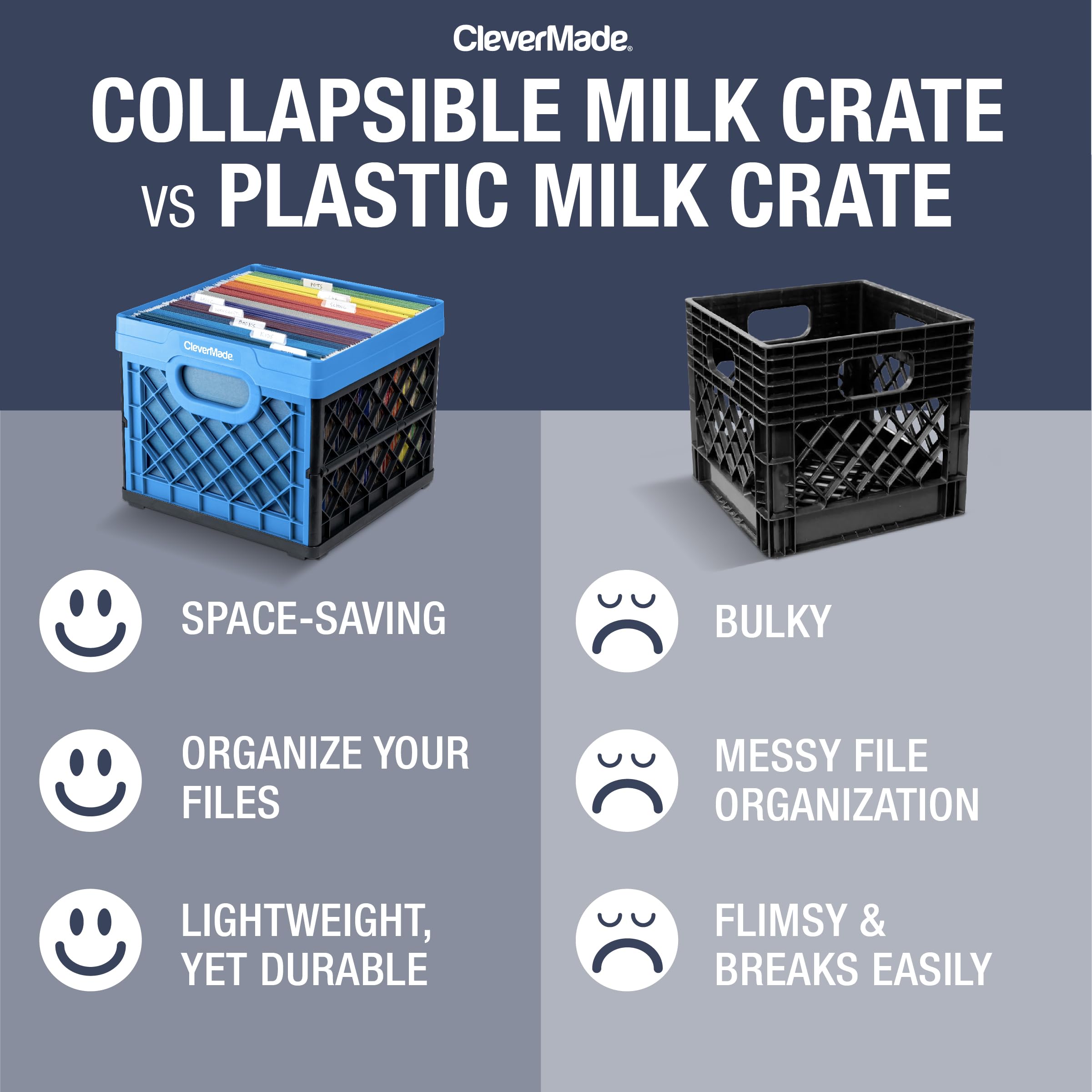 CleverMade Collapsible Milk Crates and Storage Bins - 25L Plastic Stackable Milk Crates, 3 Pack with 45L Plastic Stackable Grated Wall Utility Containers, 3 Pack - Black