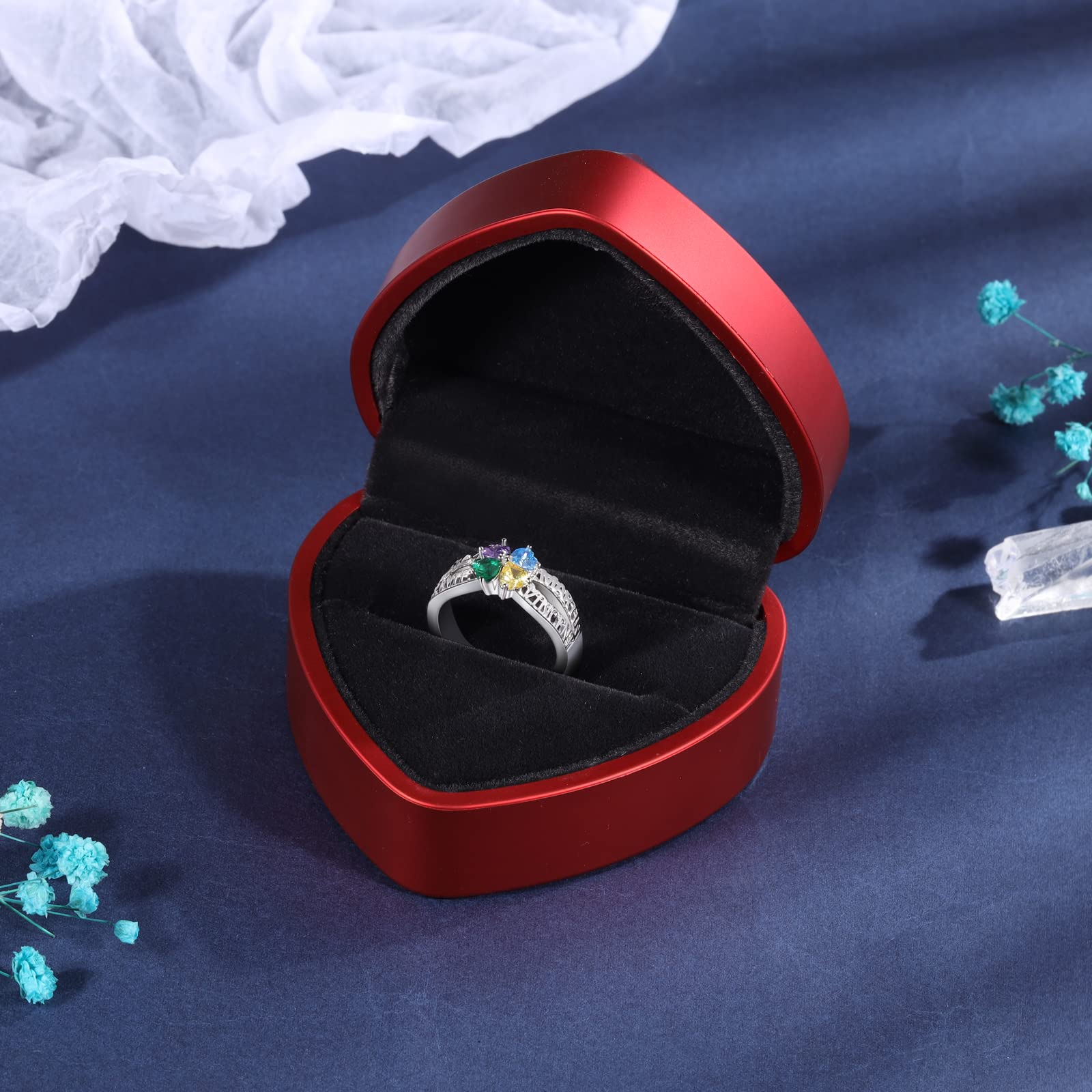 Custom Name Ring Creative 3D 925 Sterling Silver Birthstone Rings for Women Mother Dainty Bride Engagement Ring Personalized Promise Rings for Her (3 NAMES)