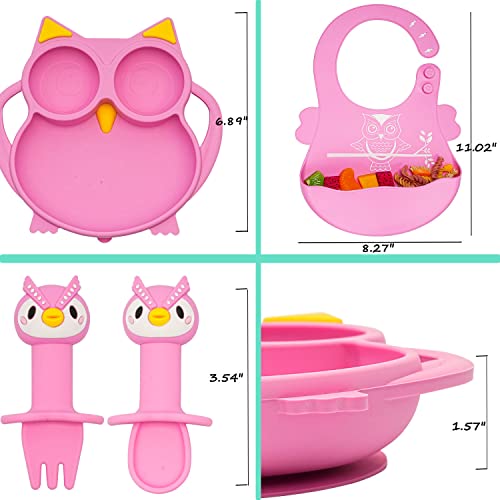 KAVONOI Baby Toddler Silicone Suction Plate with Spoon&Fork And Adjustable Bib Set,Silicone Baby Feeding Utensils Set,Baby Toddler Led Weaning Supplies Set-Pink Owl Set