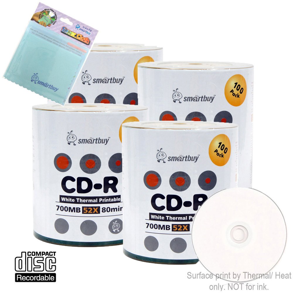 Smartbuy 400-disc 700mb/80min 52x CD-R White Thermal Hub Printable Recordable Disc + Free Micro Fiber Cloth