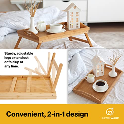 JumbleWare Bamboo Bed Tray. Portable Wooden Breakfast in Bed Serving Table Set with Folding Legs & Carry Handles for Eating Food or Working on Laptop. Great Home Gift for Women, Men, Kids & Elderly