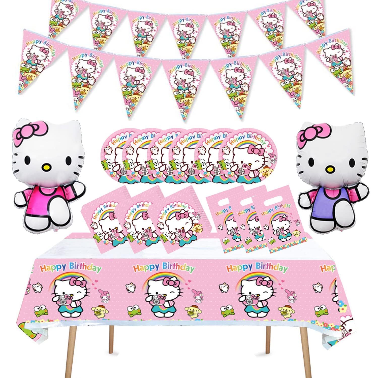 Hanjiejie 53 pcs Kitty Girls birthday party balloons, dinner plates, paper towels,banners, tablecloths,Gift bags,children's tablecloths,baby shower birthday party decorations.
