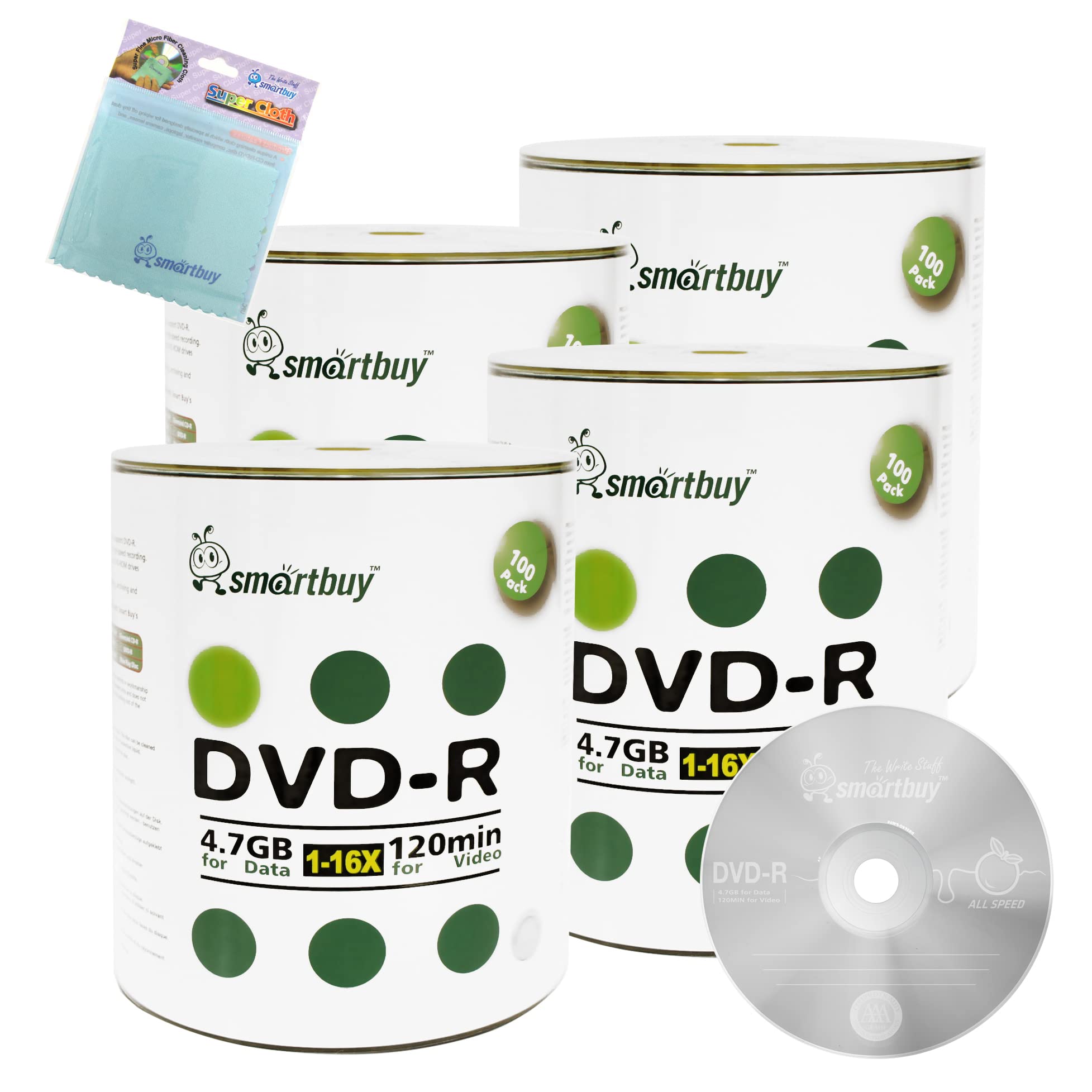 Smartbuy 400-disc 4.7GB/120min 16x DVD-R Logo Top Blank Media Record Disc + Free Micro Fiber Cloth