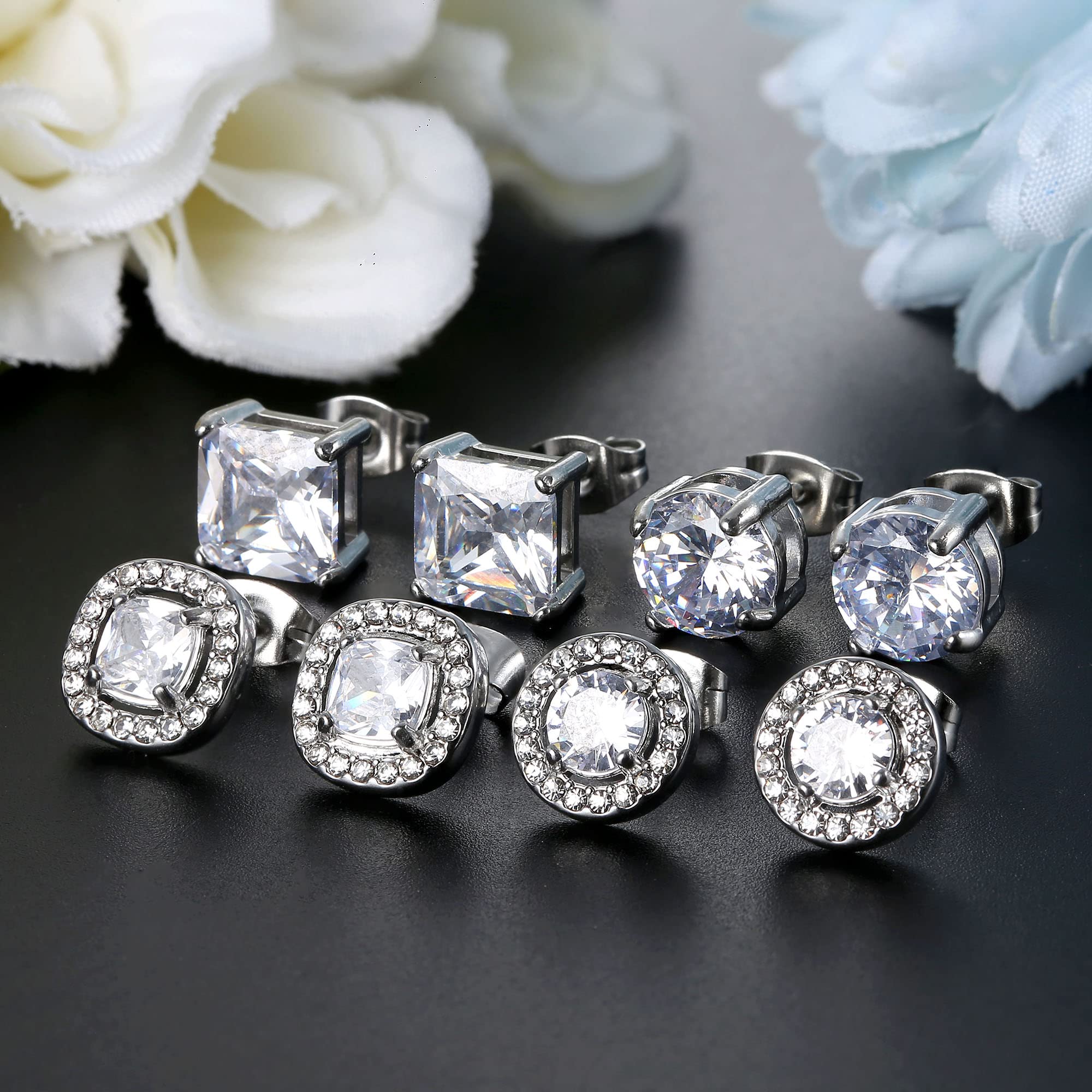 CASSIECA Cubic Zirconia Stud Earrings | 18K White Gold Hypoallergenic Birthstone Earrings | Brilliant Large Simulated Diamond Halo Stud Earrings for Women Men