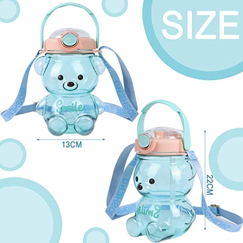 Kawaii Bear Straw Bottle,Large capacity bear water bottle with Strap and Straw , Cute Portable Bear shaped water Bottle Adjustable Removable Strap for outdoor and school activities(blue)