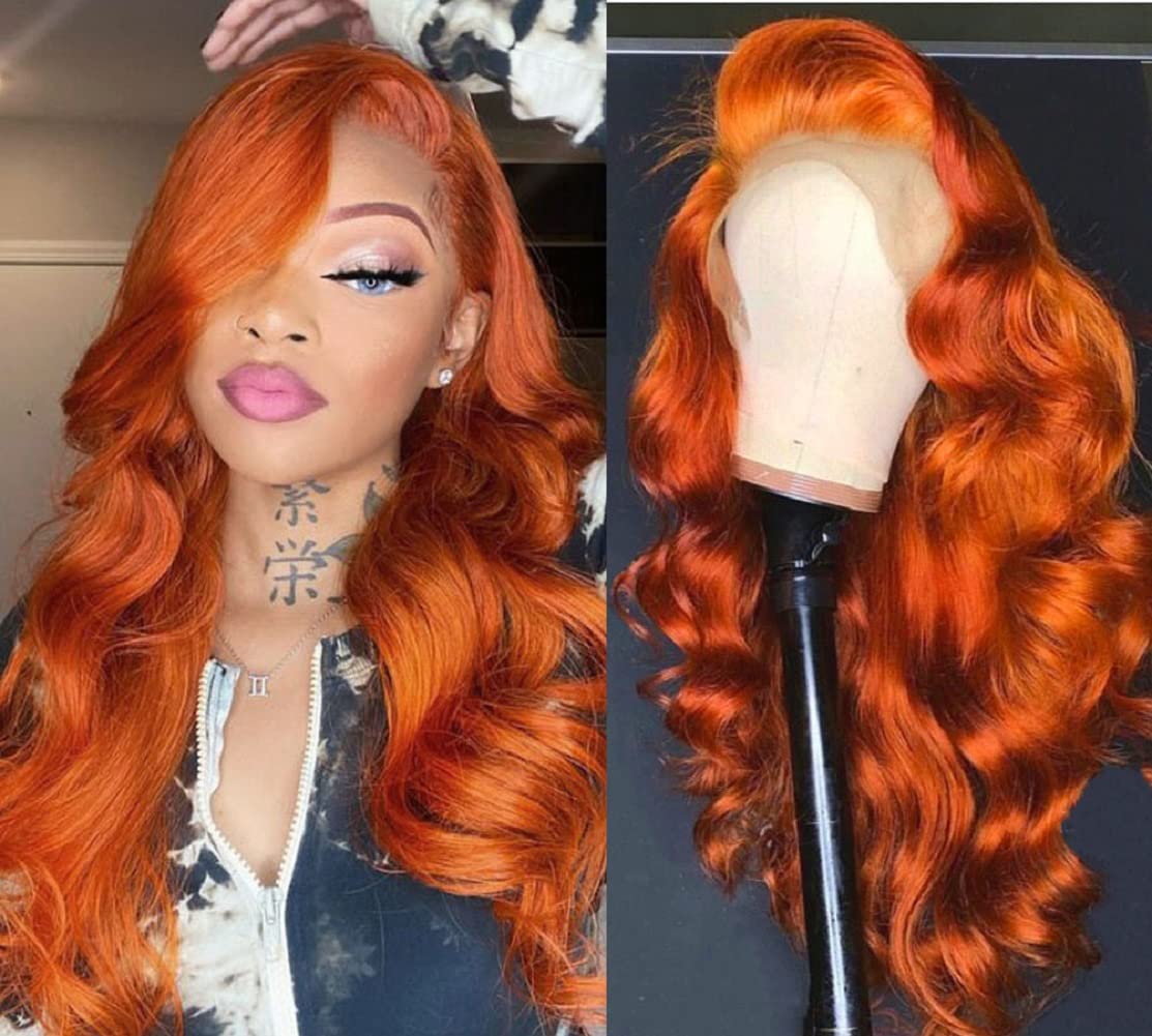 Eteenana Ginger Lace Front Wigs Human Hair Pre Plucked Body Wave 13x4 HD Transparent Lace Front Wigs Human Hair Colored 100% Brazilian Orange Glueless Human Hair Wigs for Women 180% Density (20 Inch)