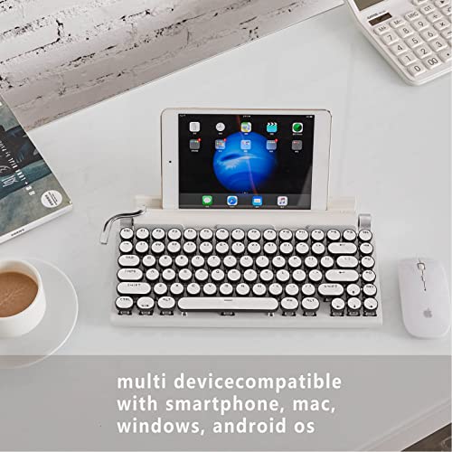 Focket Mechanical Gaming Keyboard, 83 Keys Punk Style Retro Typewriter Keyboard Detachable Round Keycaps Keyboard LED Backlit Wireless Mechanical Keyboard, for Tablet Desktop (White)