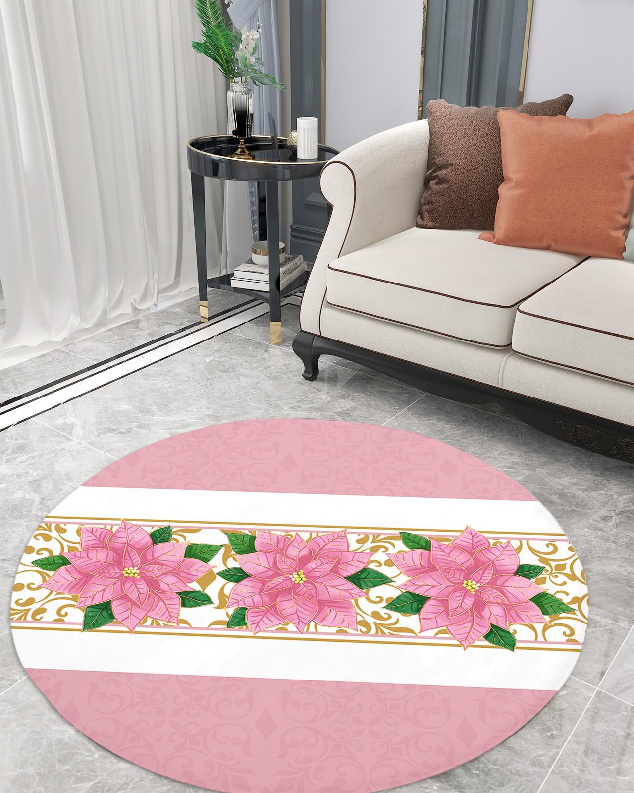 Christmas Fluffy Round Area Rug Carpets 5ft, Plush Shaggy Carpet Soft Circular Rugs, Non-Slip Fuzzy Accent Floor Mat for Living Room Bedroom Nursery Decor Luxurious Vintage Winter Flower Leaves Pink