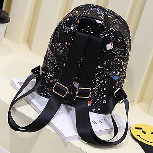 CLARA Fashion Mini Backpack Star Universe Space Printing Travel Bag PU Leather Casual Daypack Small Satchel Black