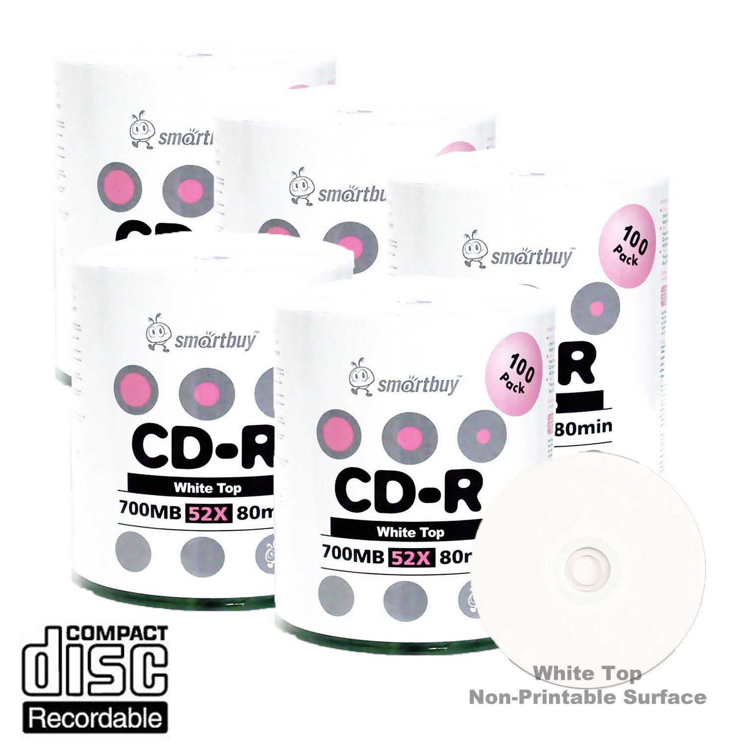 Smartbuy 500-disc 700mb/80min 52x CD-R White Top Blank Data Recordable Media Disc