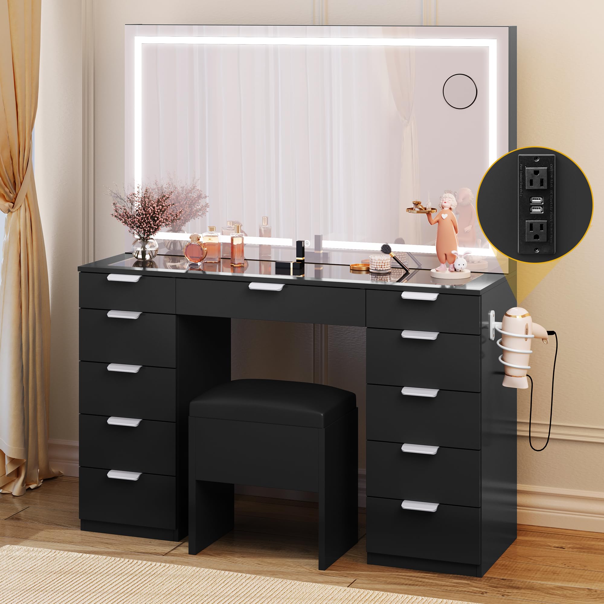 DWVO Wooden Makeup Vanity Set with LED Mirror, Charging Station, and 11 Drawers, Modern Makeup Desk with Glass Top, Storage Stool, and 3 Adjustable Lighting Modes