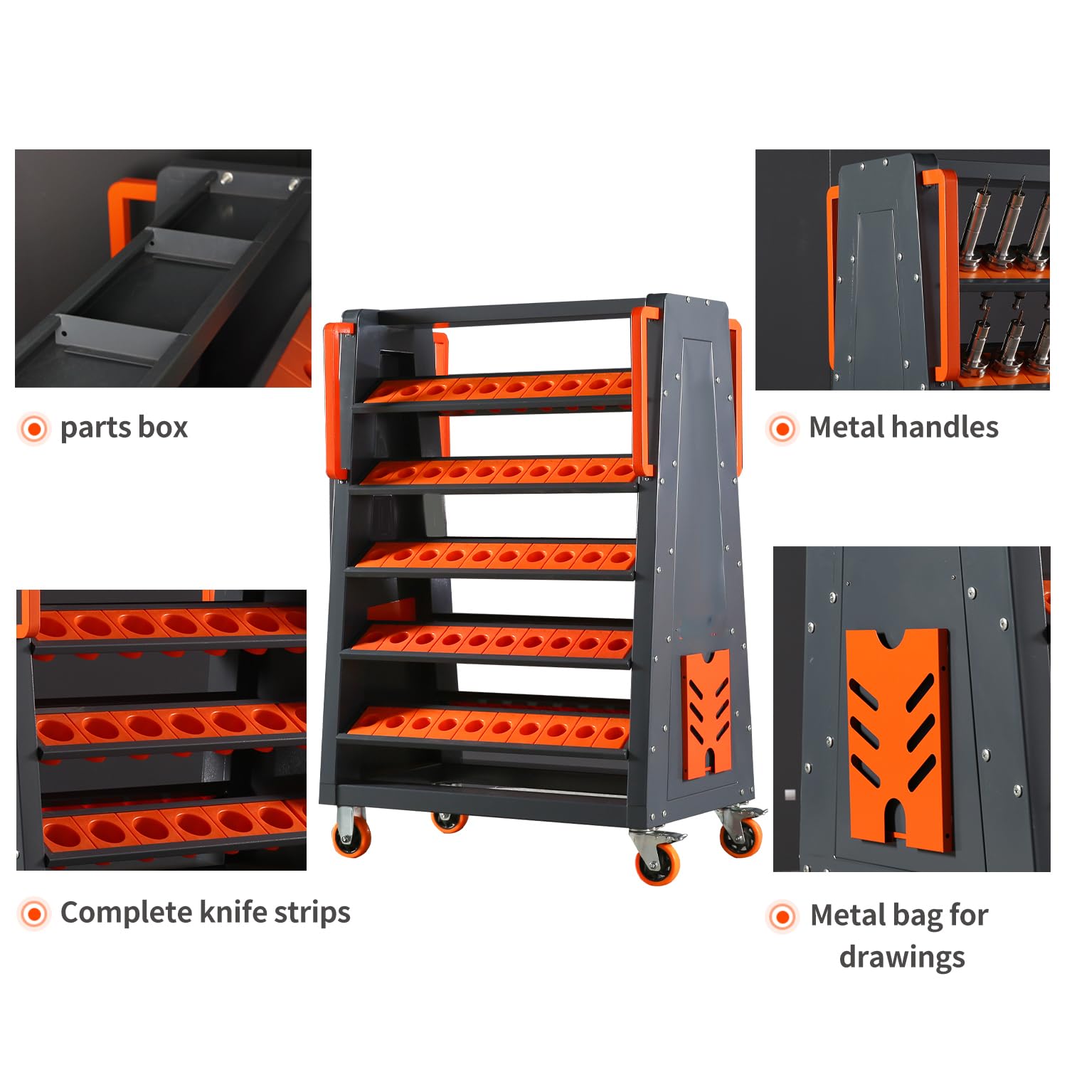 CNC Tool Rack, 5-Row CNC Tools Holder Cart, Mobile CNC Tool Storage Cart, CNC Rolling Carts with Wheels, CAT40 Tool Holder for Storehouse Factory Garage